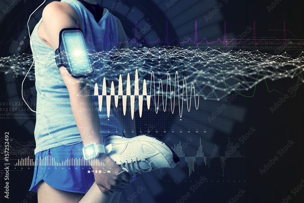 sports technology concept. stretching woman and various technological ...