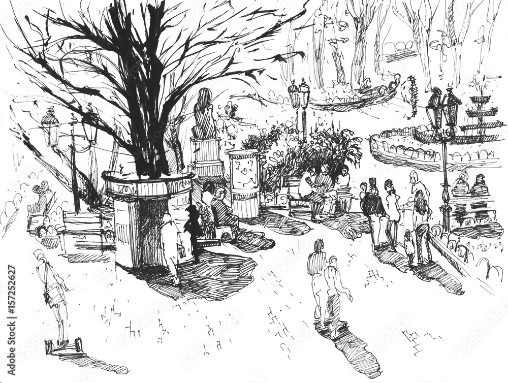 Hand drawn ink line sketch European town Odessa, Ukraine in outline ...