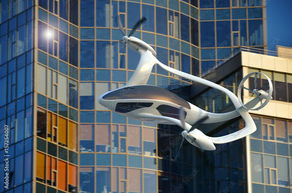Pesonal Air Vehicle Flying Above The Cityscape, Flying Car Of The ...