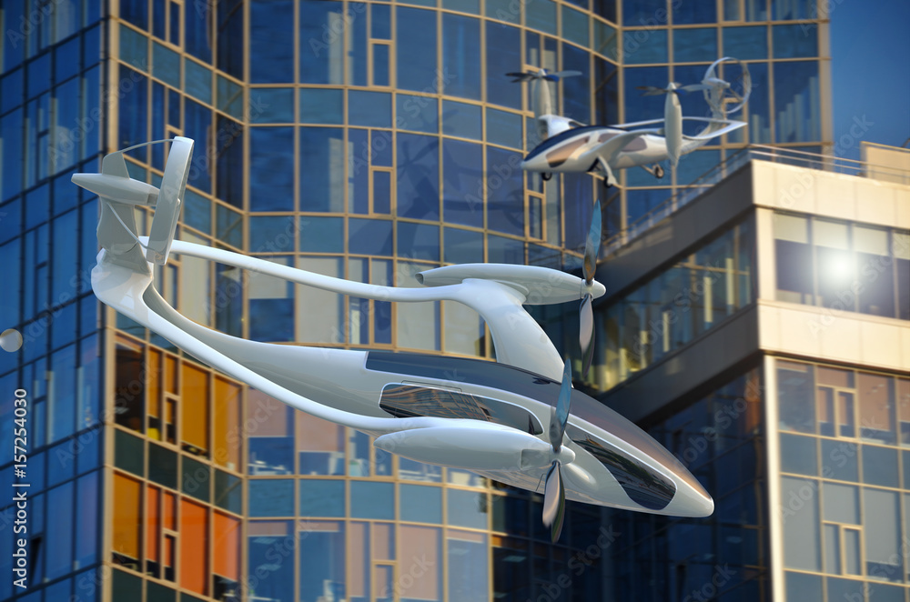 Pesonal Air Vehicle Flying Above The Cityscape, Flying Car Of The ...