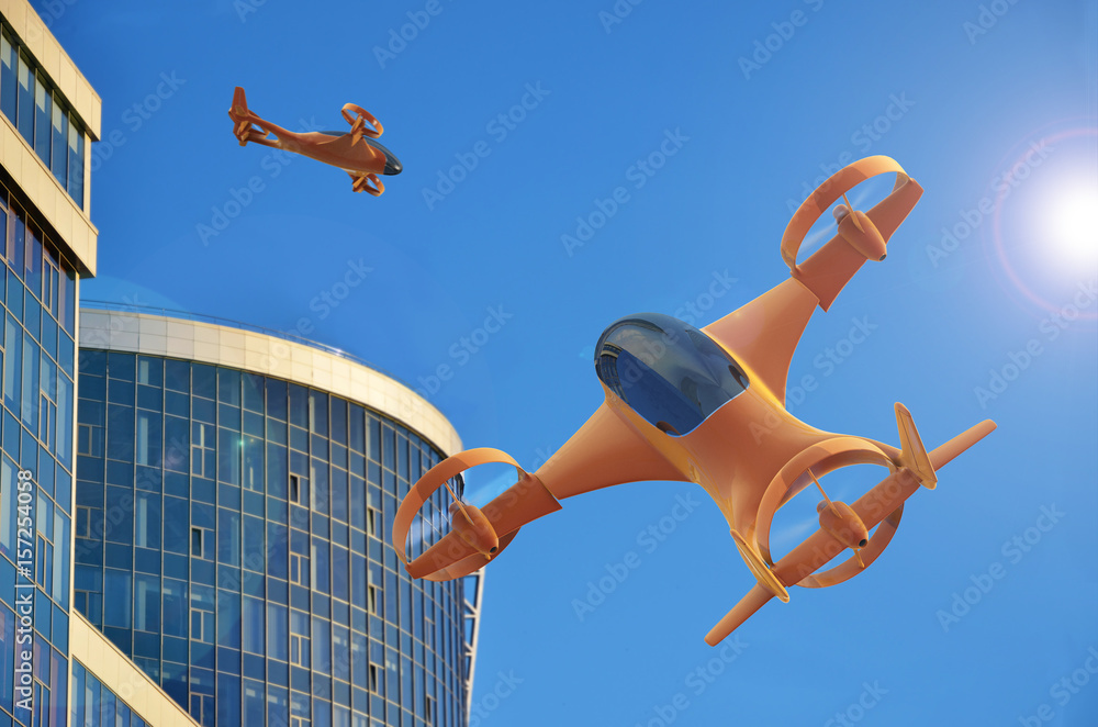 Pesonal Air Vehicle Flying Above The Cityscape, Flying Car Of The ...