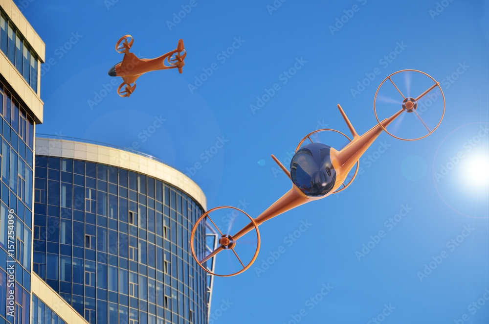 Pesonal Air Vehicle Flying Above The Cityscape, Flying Car Of The ...