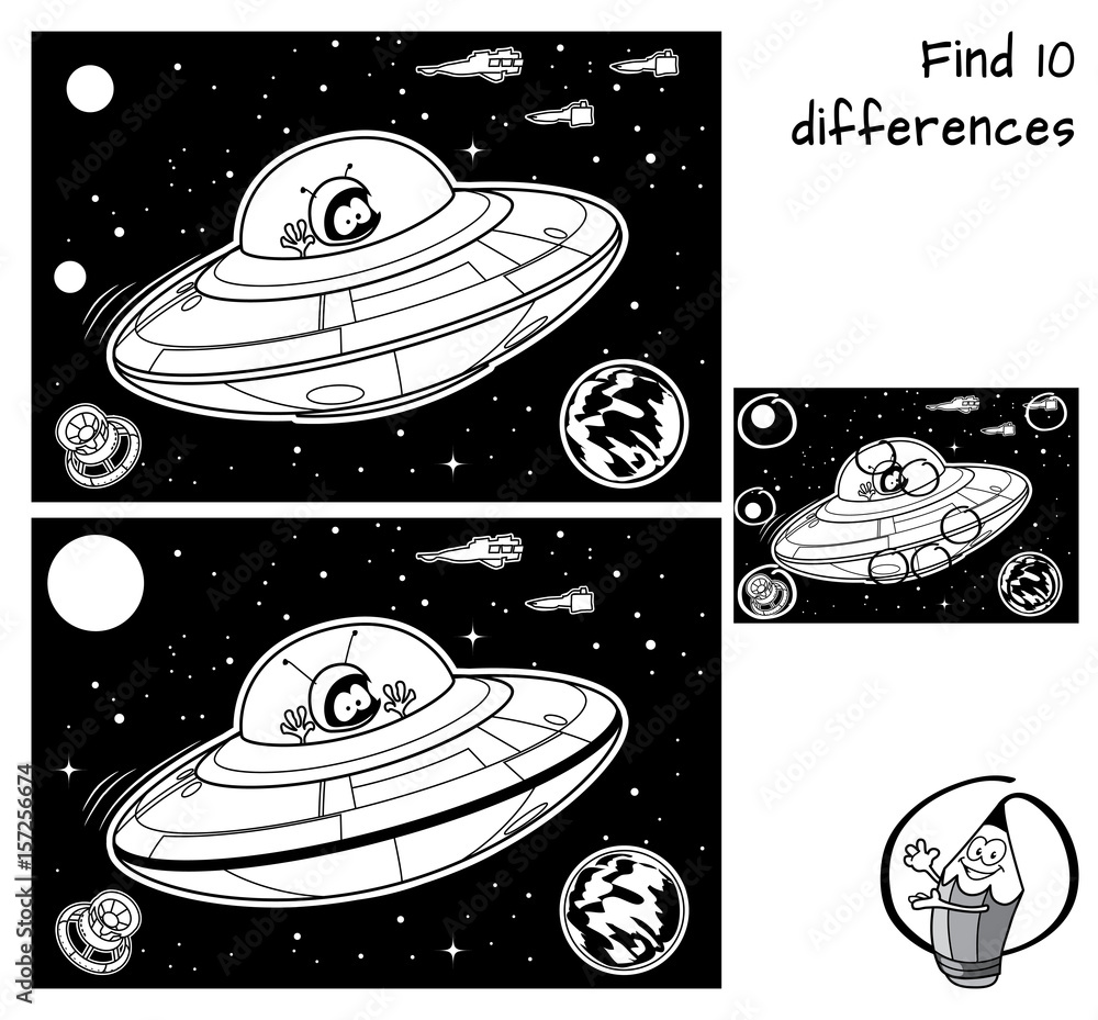 UFO with an alien flying in space. Find 10 differences. Educational ...