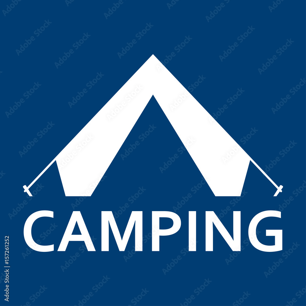 Icono plano CAMPING y tienda de camping blanco en fondo azul Stock ...