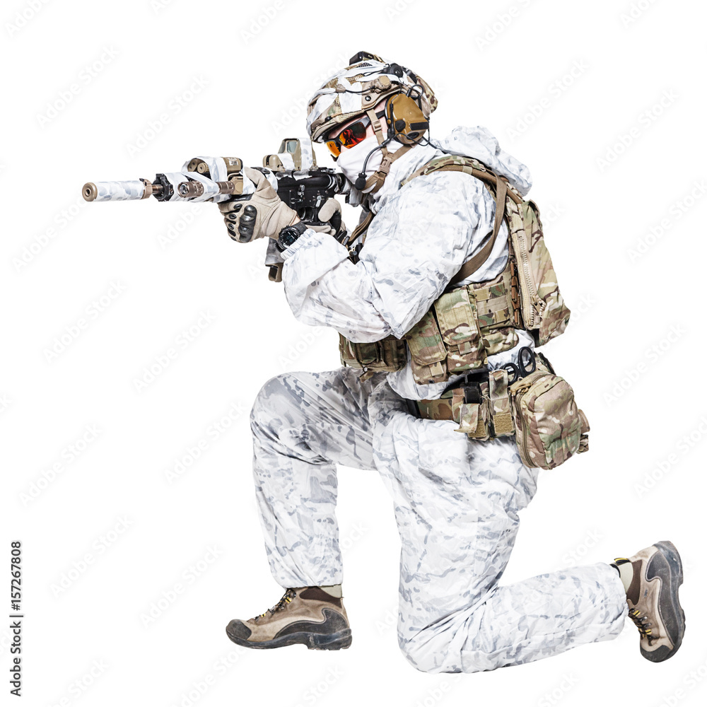 Special forces operator of Navy Seals armed with assault rifle with ...