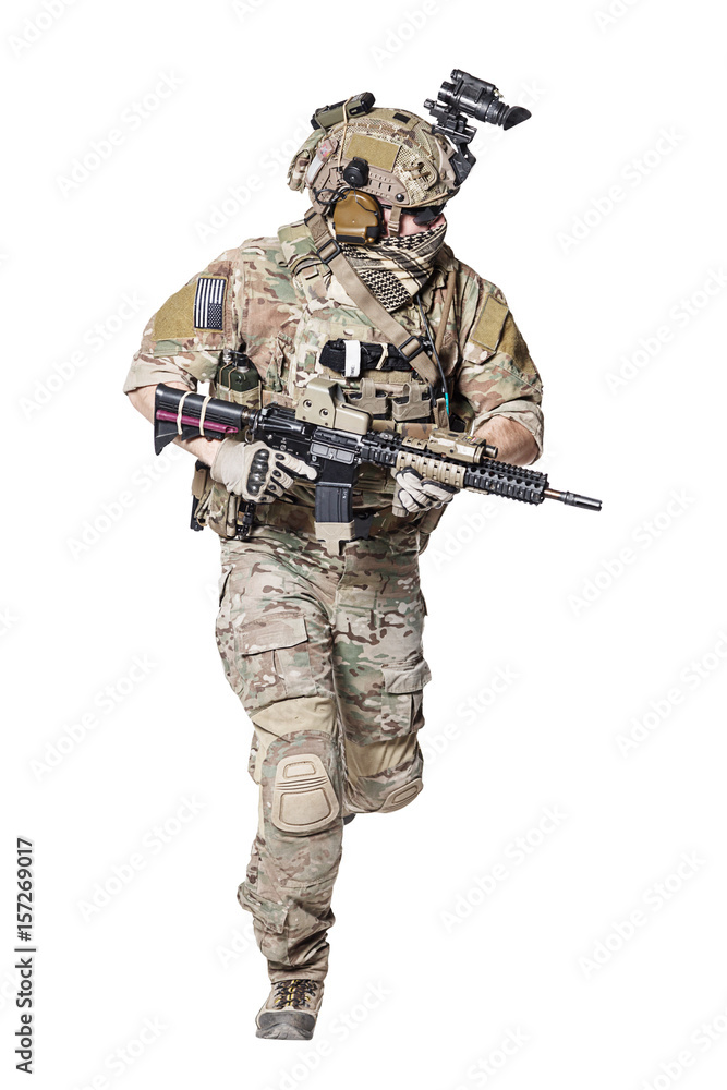 Elite member of US Army rangers in combat uniforms with his shirt ...