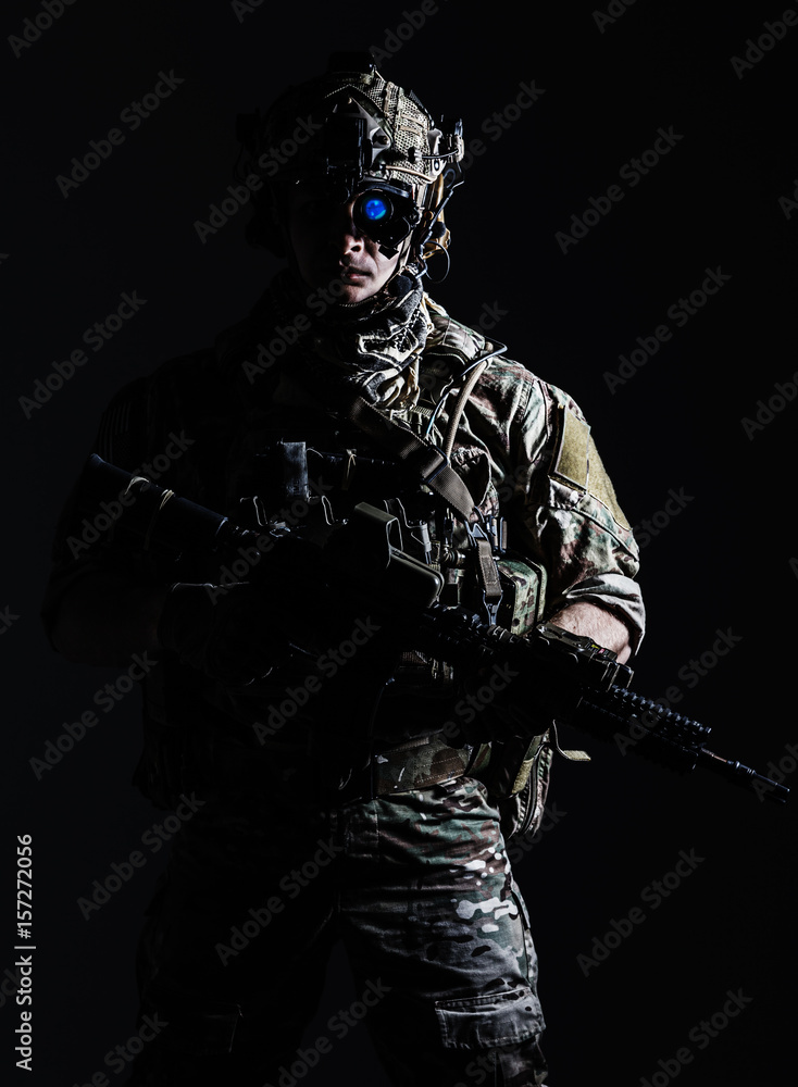Elite member of US Army rangers in combat helmet and night vision ...