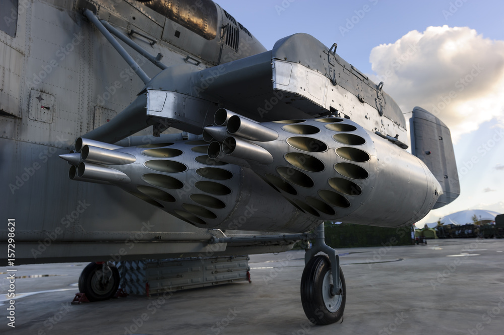 Missile launcher of heavy military helicopter ready to attack, modern ...