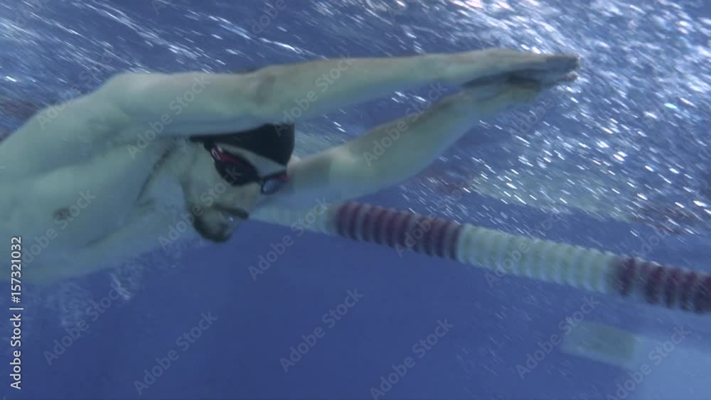 Man swimming with a crawl stroke in waterpool underwater view slow ...