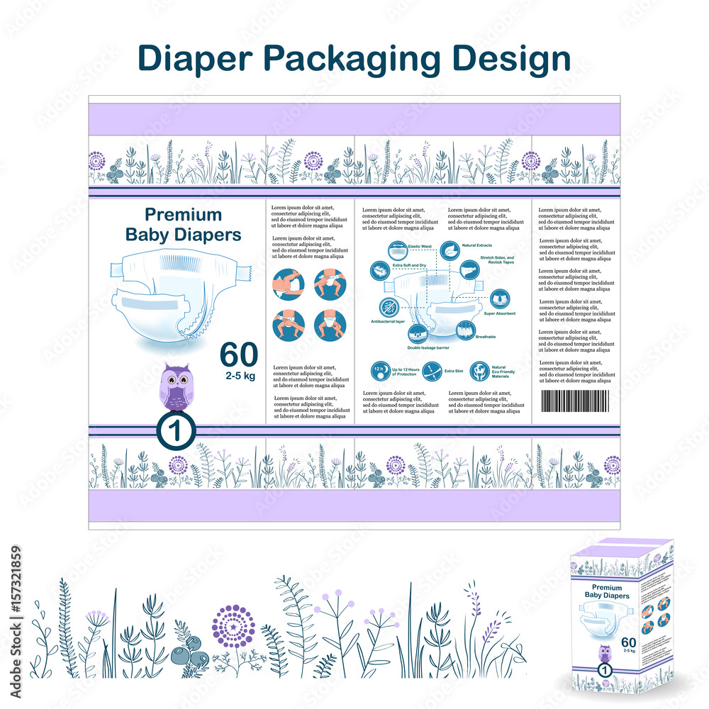 Vecteur Stock Diaper packaging design elements in doodle forest style ...
