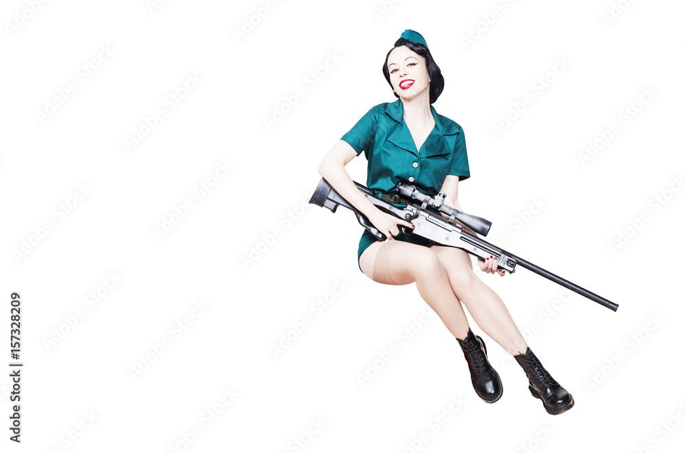 Portrait of Beautiful Brunette with black hair. Pin up Female Dressed ...