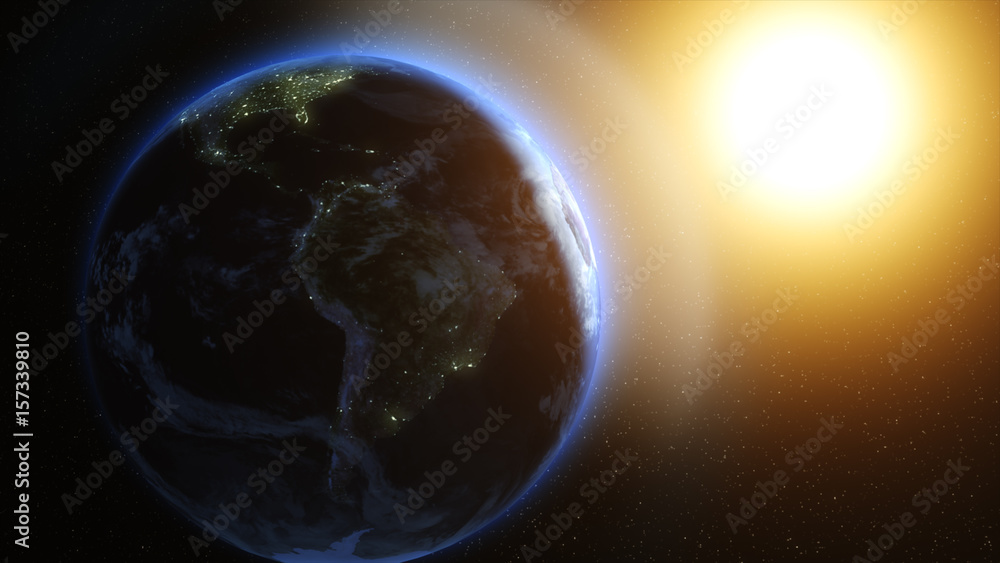 Sunrise over the Earth. Imaginary view of planet earth in outer space with the rising sun. Stock ...