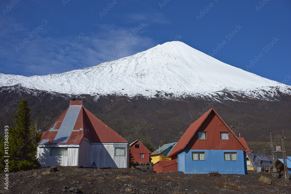 Snow capped peak of Antuco Volcano (2,979 metres) rising above the ...