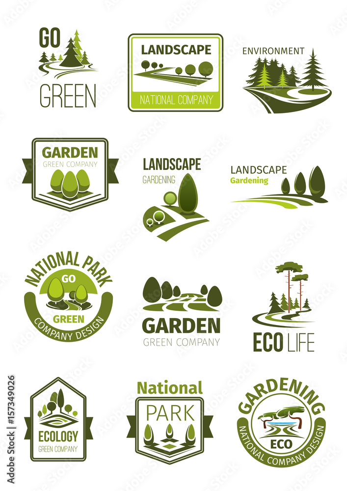 Green landscape and gardening company vector icons Stock Vector | Adobe ...