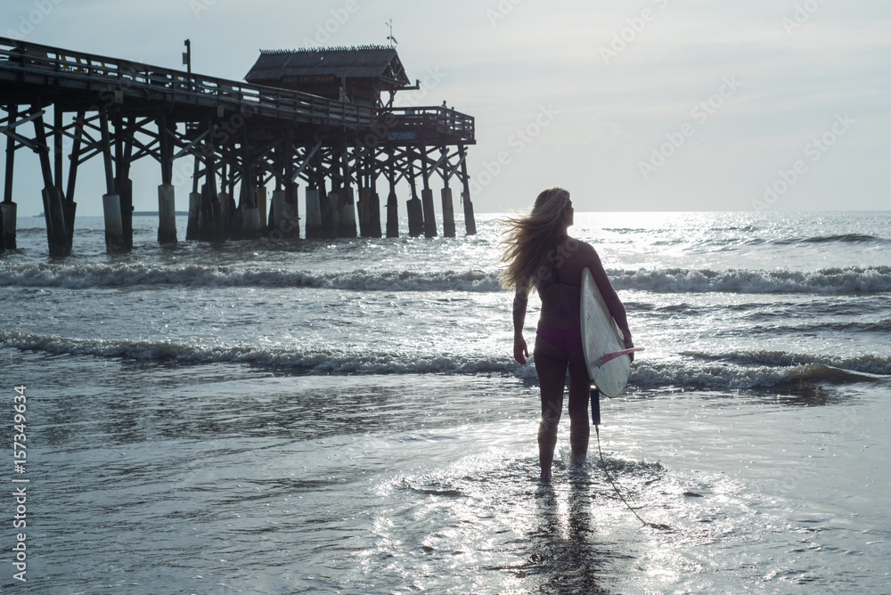 Poster A surfer girl with longboard at the beach with pier in ...