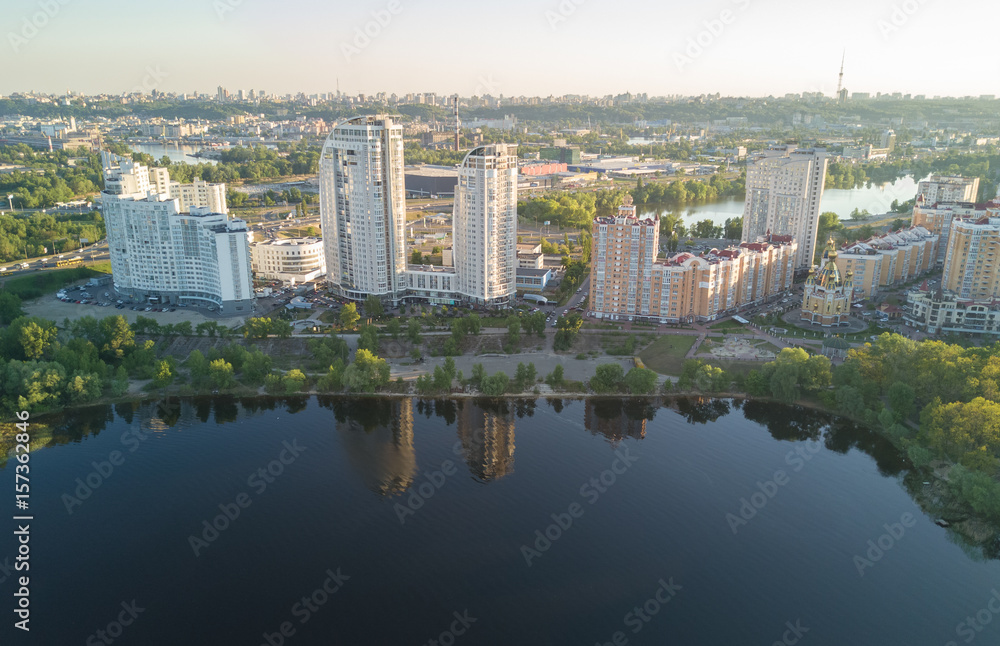 Aerial view of new modern residential Obolon district near Dnieper ...