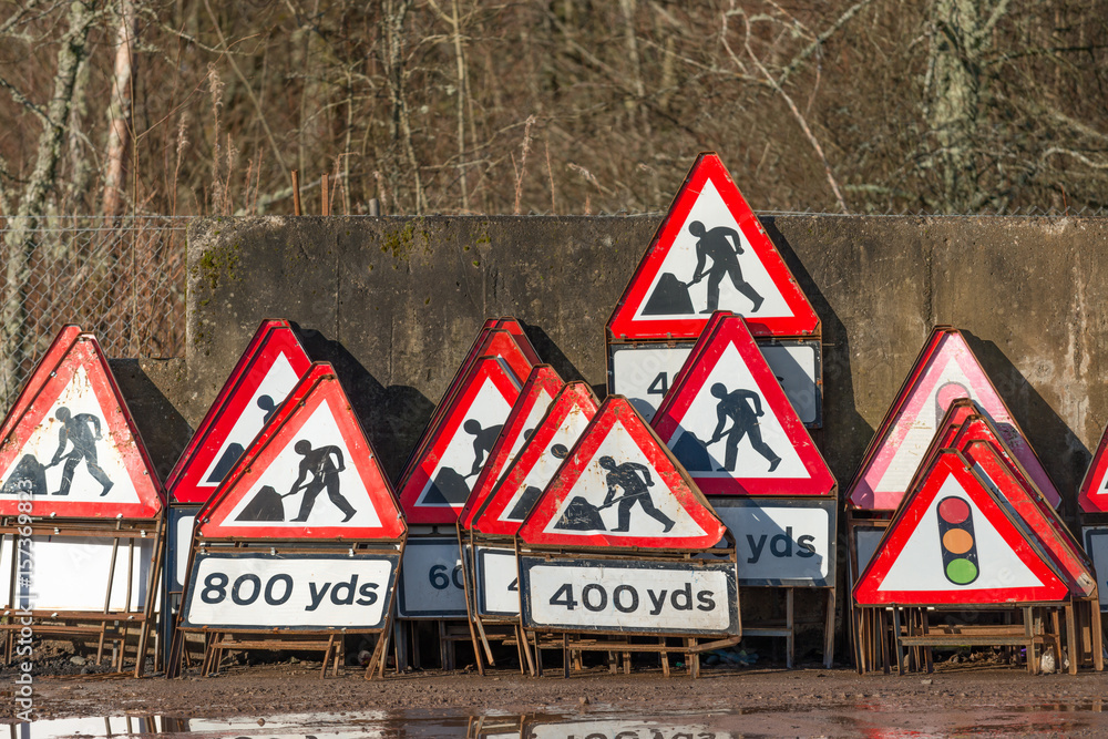 A collection of warning road signs as used in the United Kingdom. Stock ...