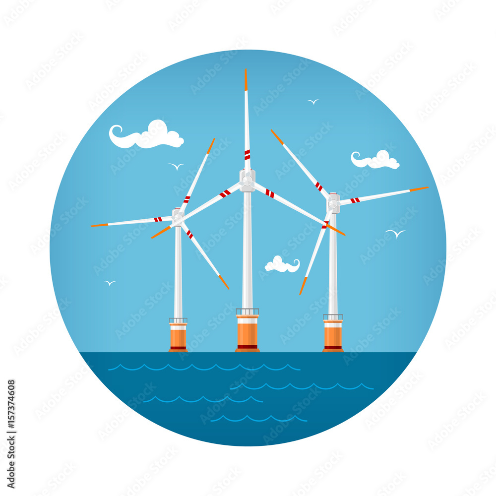 Round Icon Wind Turbines at the Sea, Horizontal Axis Wind Turbines at ...