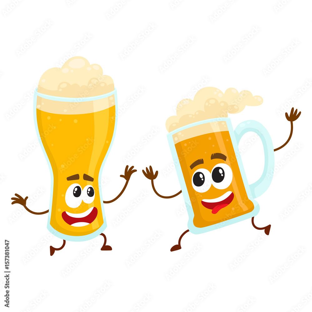 Funny beer glass and mug character with smiling human face having fun ...