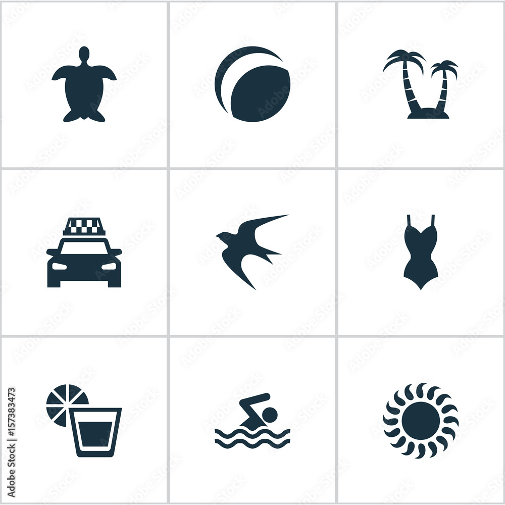 Vector Illustration Set Of Simple Beach Icons. Elements Palm, Taxi ...