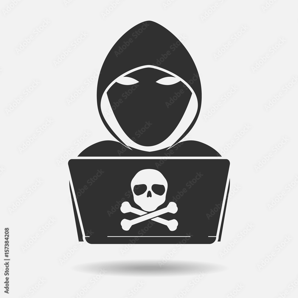 Hacker icon black shadow with skull cross bone on white background ...