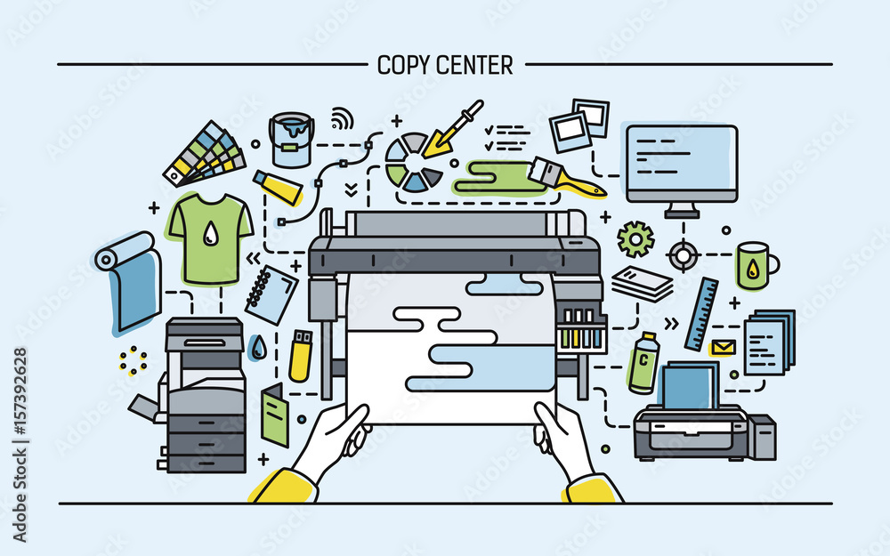 Concept of copy center, print shop, publishing. Horizontal banner with ...