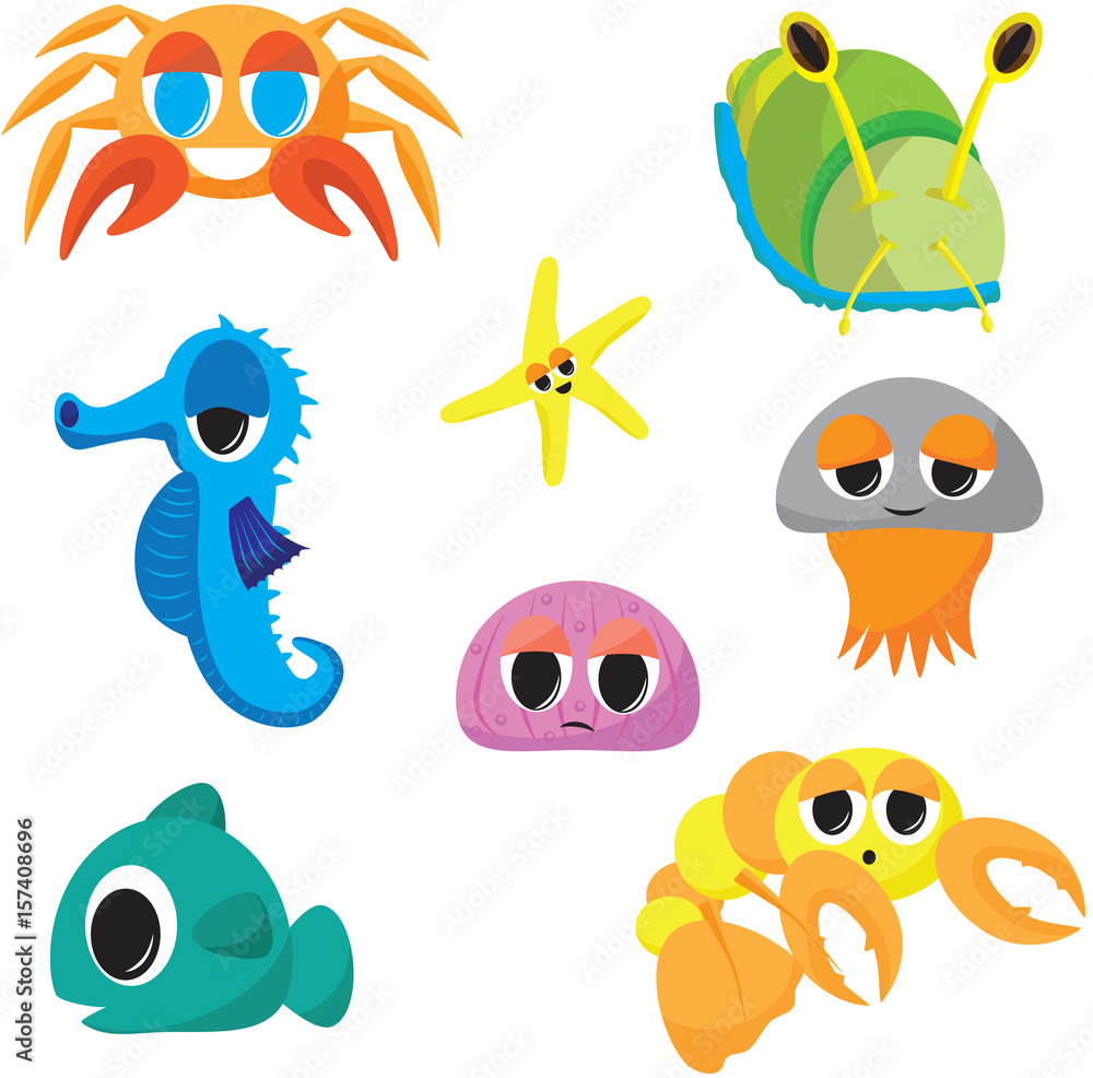 Collection of Cartoon Sea Creatures, Seahorse, Crab, Jelly Fish Stock ...