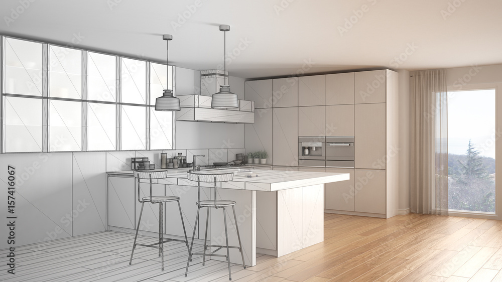 Unfinished project of modern kitchen with big window, sketch abstract ...