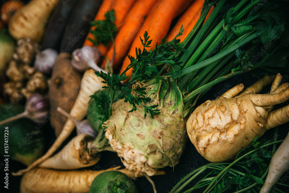 Root crops, carrots, parsley root, turnip, onion, garlic, Jerusalem ...
