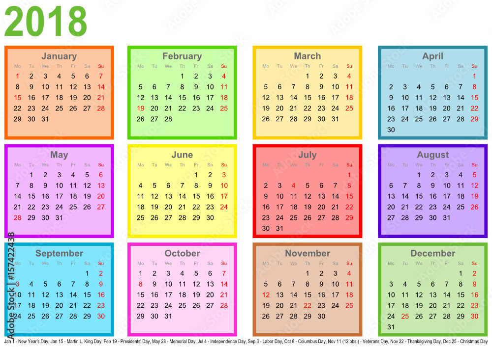Kalender 2018, jeder Monat in einem andersfarbigen Quadrat und mit ...
