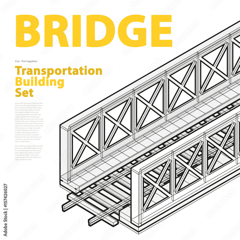 Outline set of vector arched train bridge in isometric perspective ...