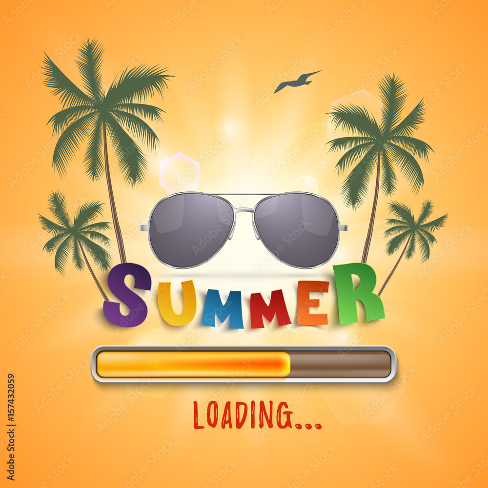 Summer loading background with palms seagull and sunglasses. Stock ...