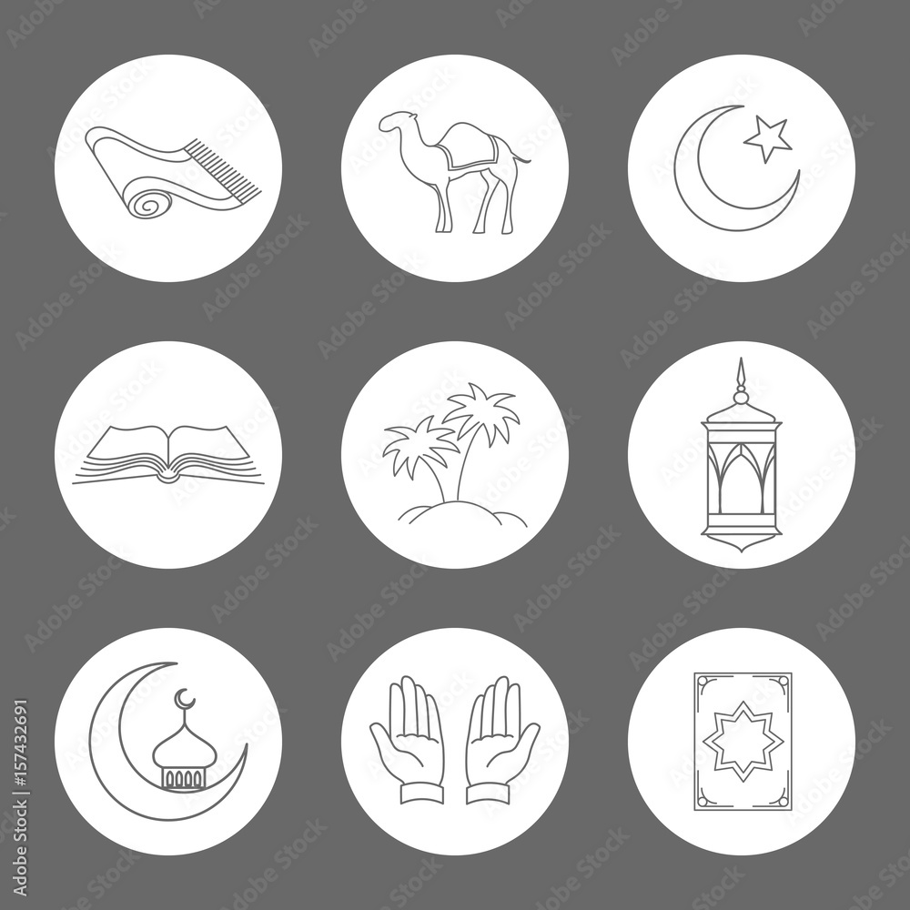 Arabic linear icons set. Vector muslim symbols on white rounds Stock ...