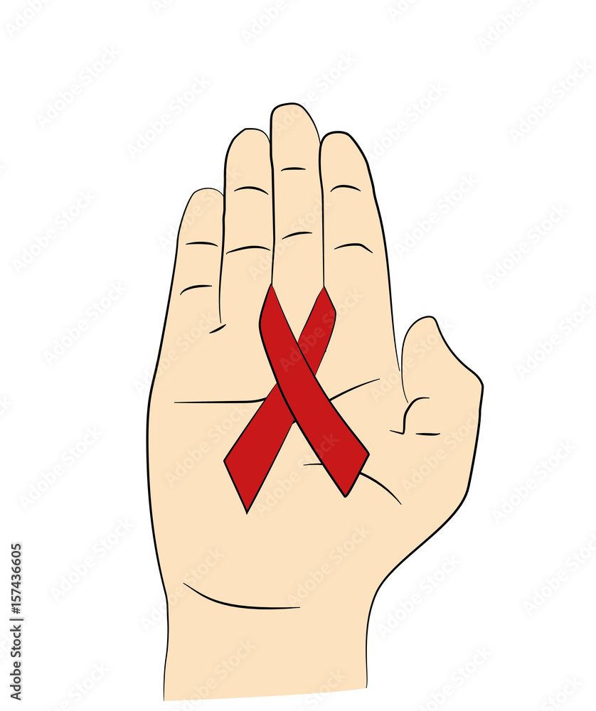 Red ribbon on the hand. A symbol of prevention and control of AIDS ...