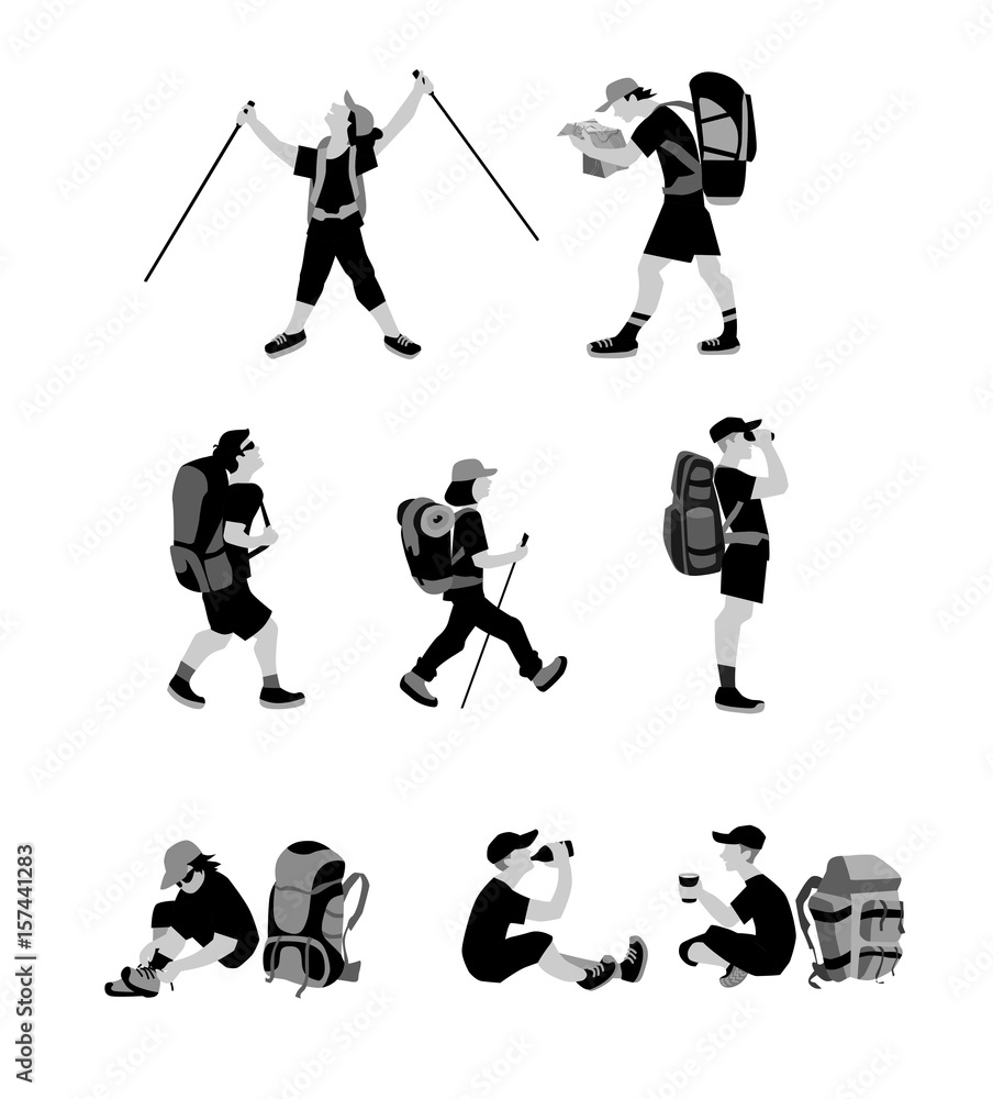 Cartoon travelers, backpackers, explorers hiking. Vector illustration ...