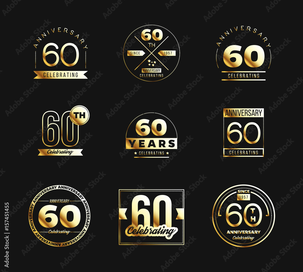60th anniversary logo set with gold elements. Vector illustration ...