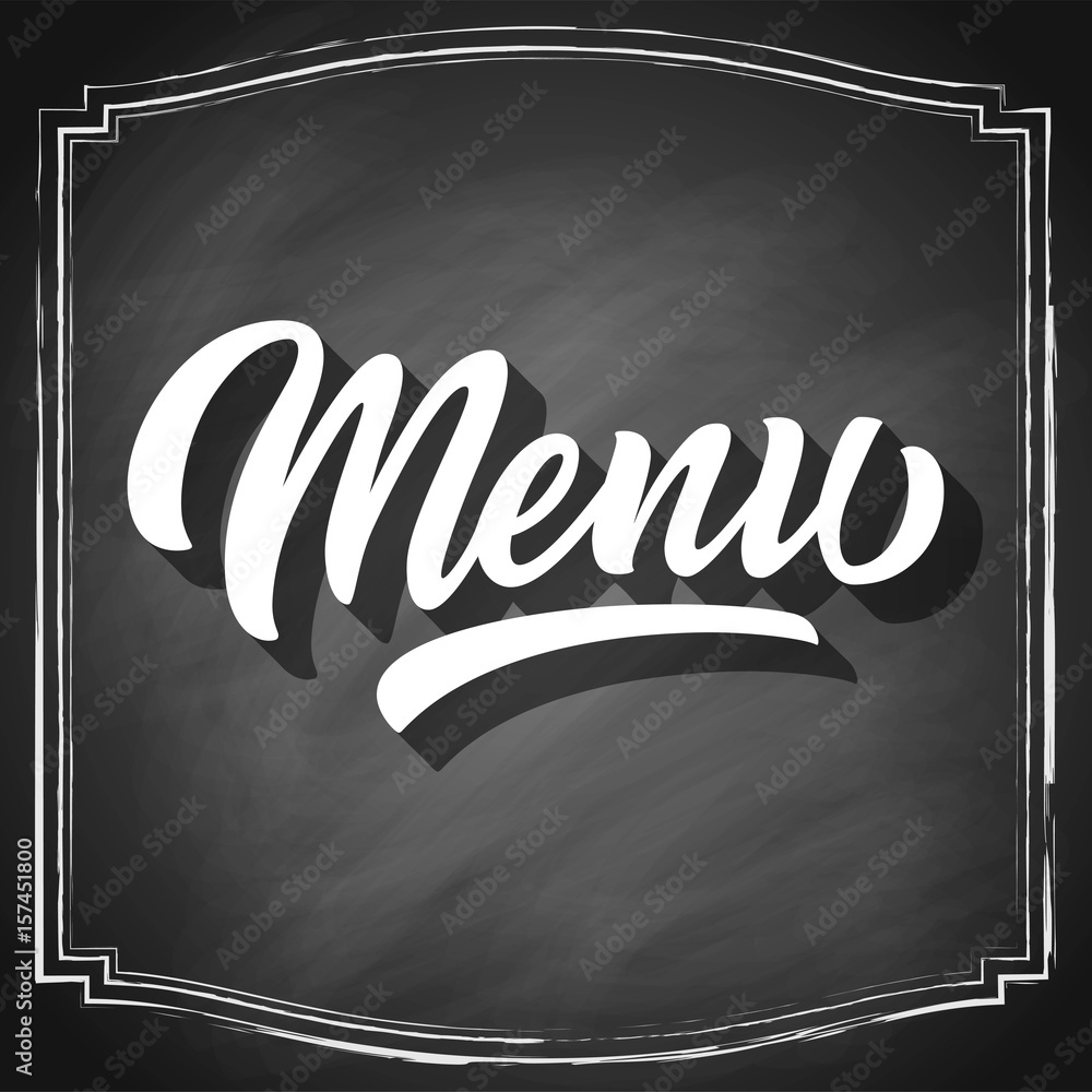 Menu hand lettering, white brush calligraphy isolated on black ...
