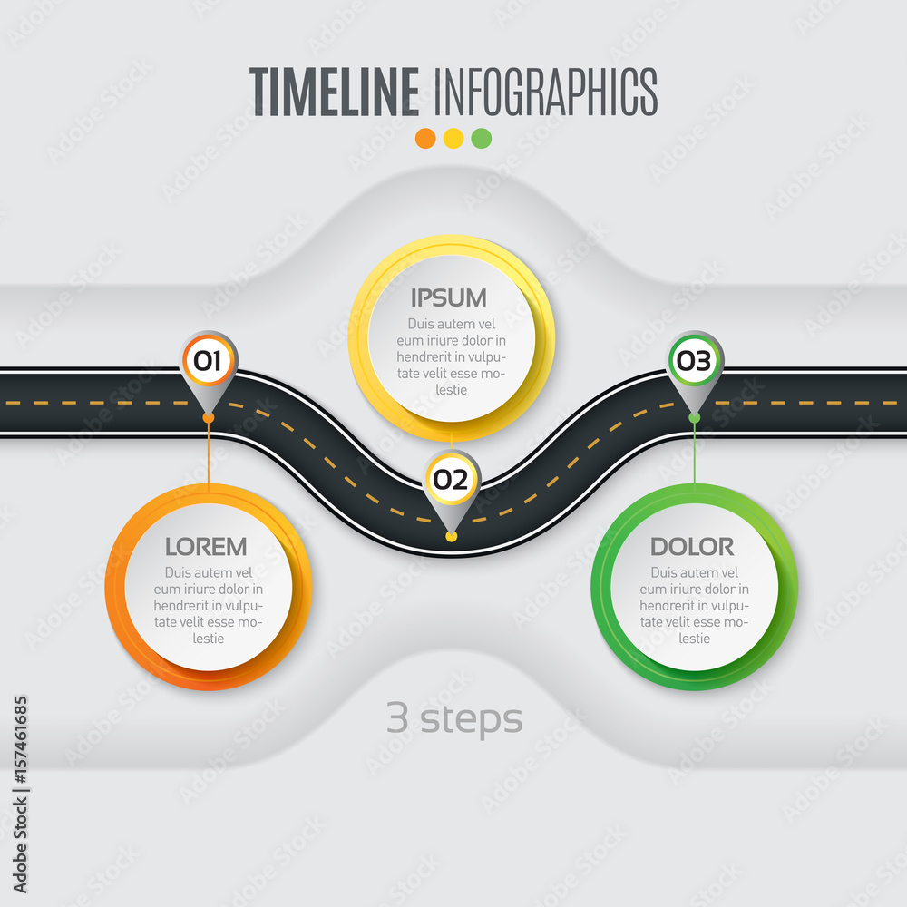 Navigation map infographic 3 steps timeline concept. Winding roa Stock ...