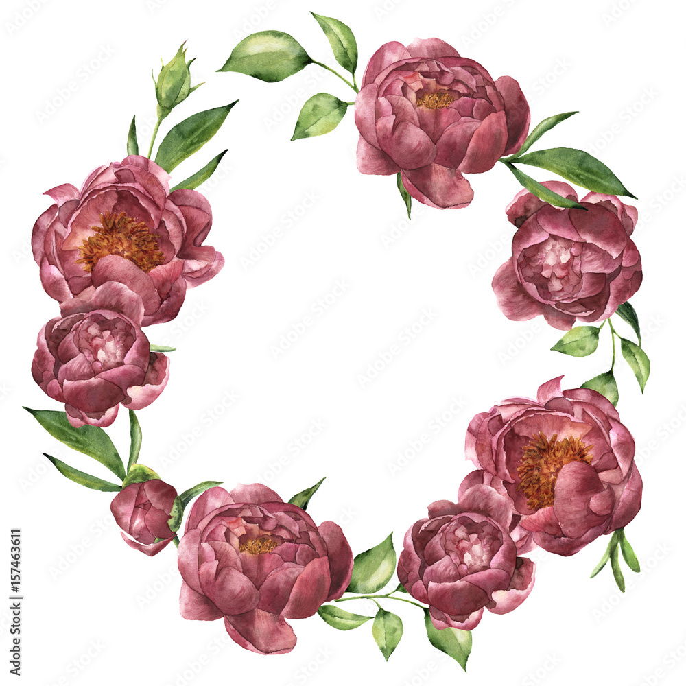 Watercolor wreath with peony and greenery. Hand painted floral ...