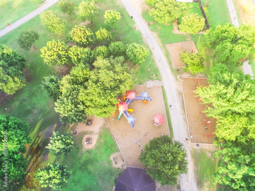 Aerial view of a big kid games playground at Bellaire Park in Houston ...