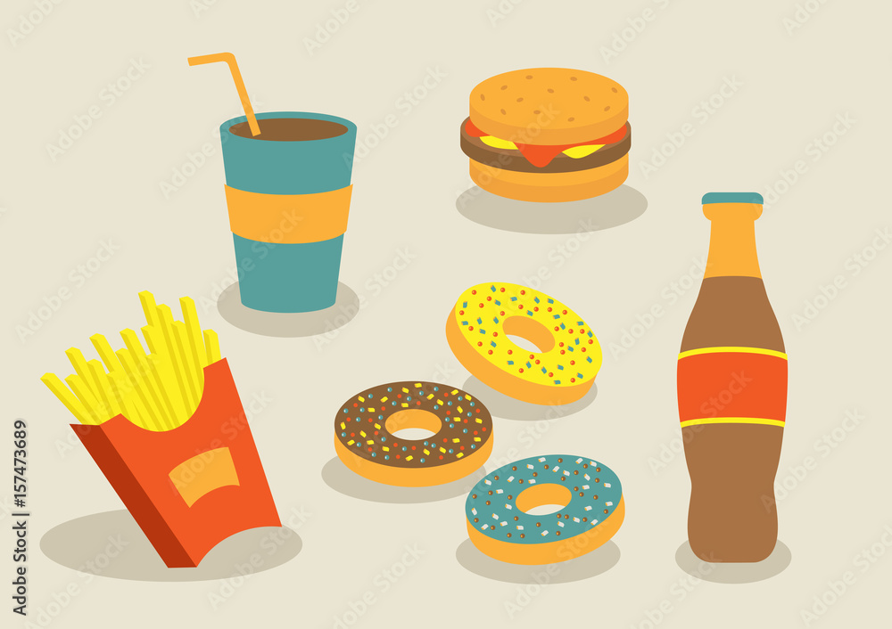 Set of colorful cartoon fast food icons (potato, burger, donuts, soda ...