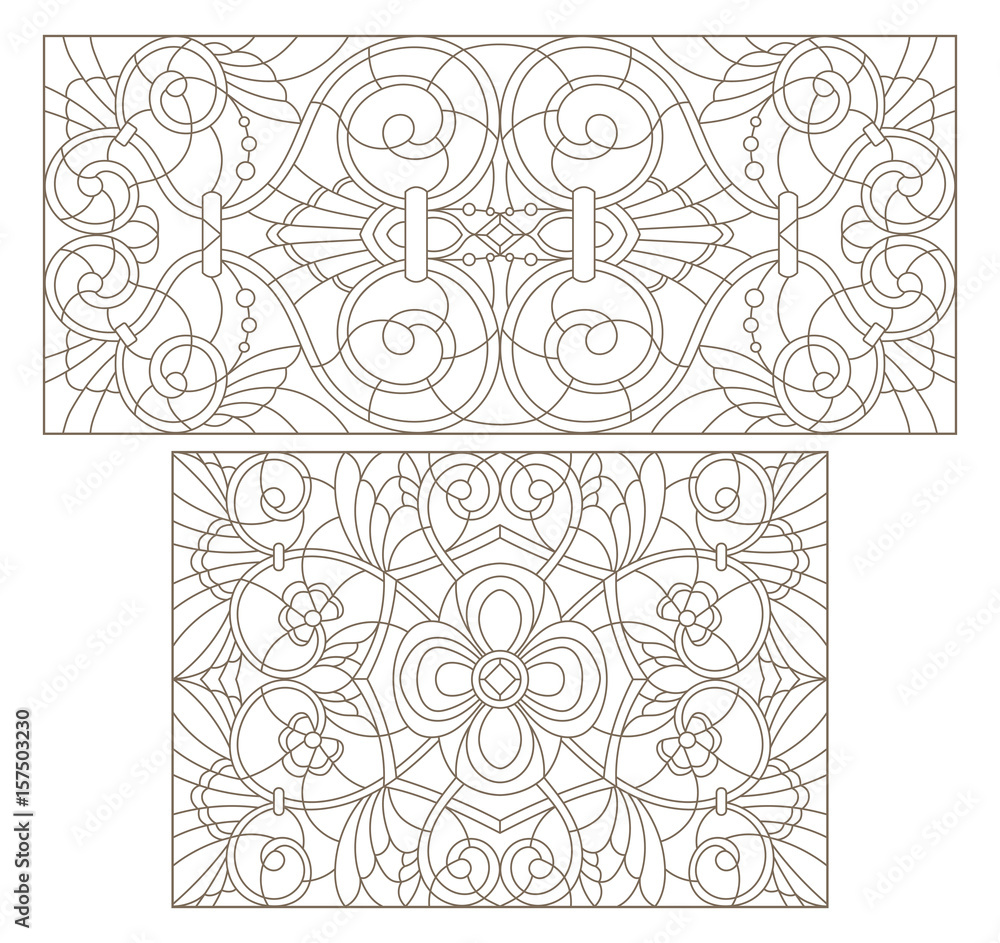 Set contour illustrations of stained glass with abstract swirls and ...
