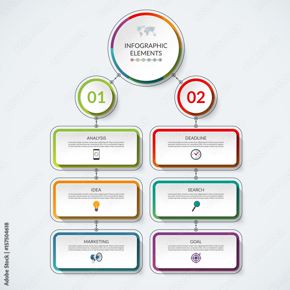 Infographic flow chart template with 2 option circles and 6 tabs ...