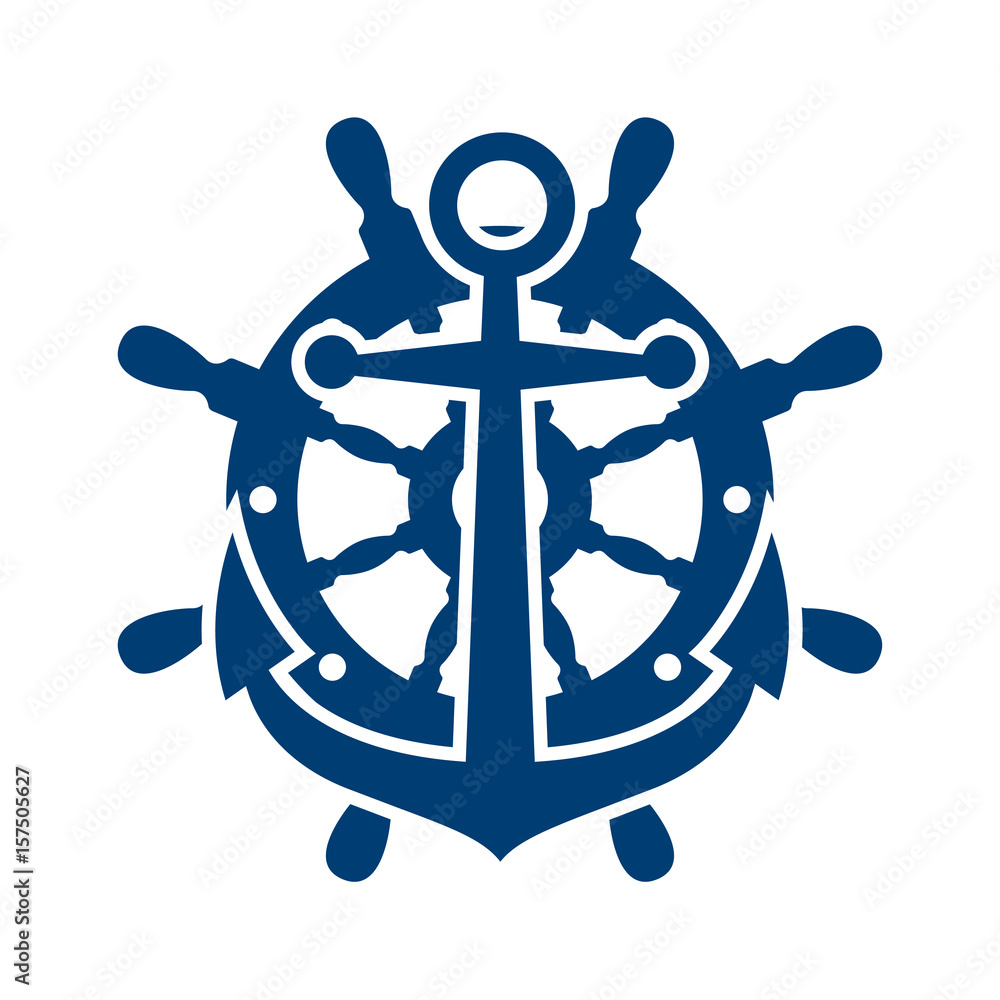 Icono plano ancla con timon azul en fondo blanco Stock Vector | Adobe Stock