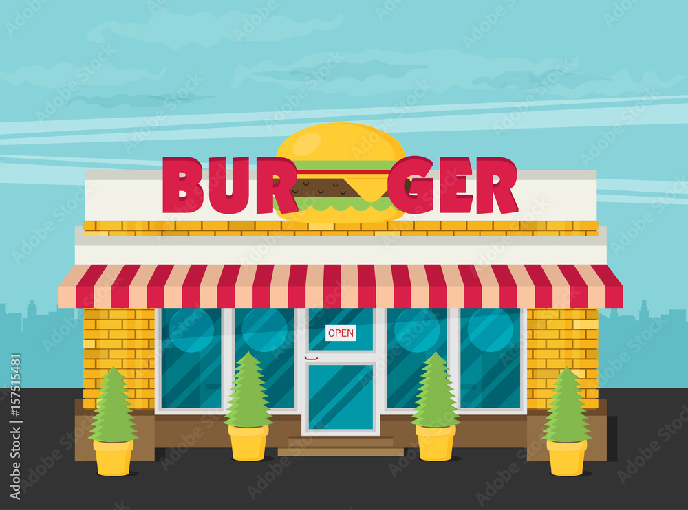 Facade of burger shop flat vector. Stock Vector | Adobe Stock