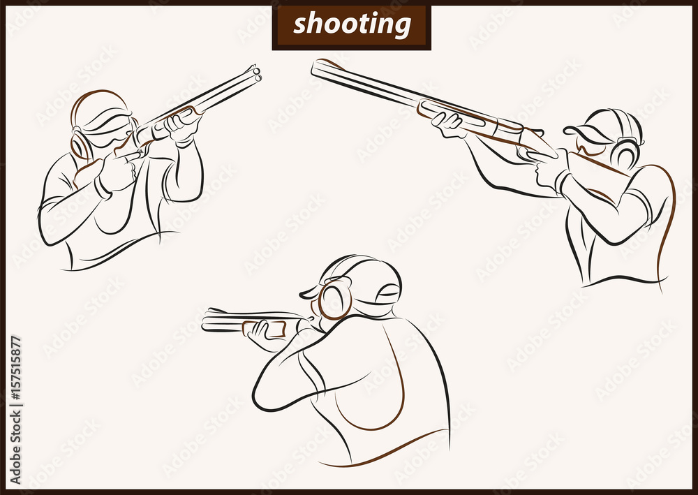 Set of a vector illustration shows a sportsman shoots a gun. Sport ...