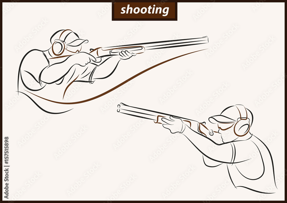 Set of a vector illustration shows a sportsman shoots a gun. Sport ...