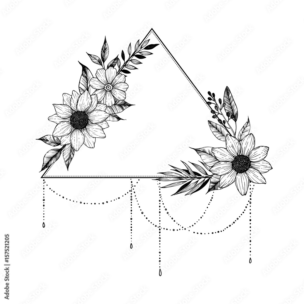 Hand drawn vector illustration - triangle with flowers and leaves ...