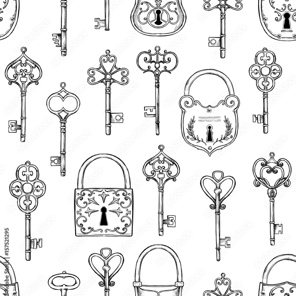 Hand sketched vector illustration - seamless pattern with vintage keys ...