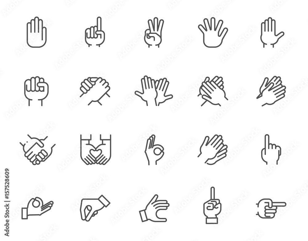 Big line icon set of human hands with different signs. 20 mono linear ...